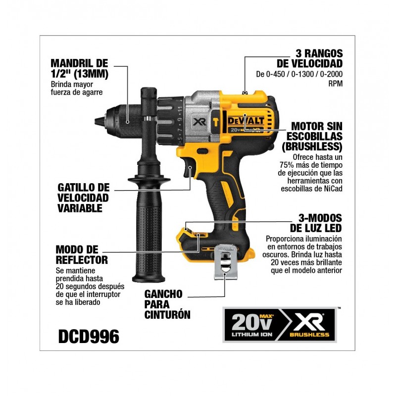 TALADRO PERCUTOR BL 1/2 20V MAX SIN BATERIA DEWALT DCD996B